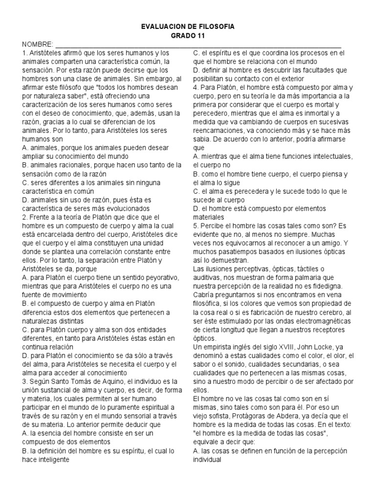 Evaluacion de Filosofia 11 2023 2 P | Descargar gratis PDF | Alma | Platón