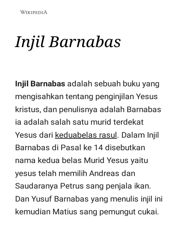Injil Barnabas - Wikipedia Bahasa Indonesia, Ensiklopedia Bebas | PDF ...