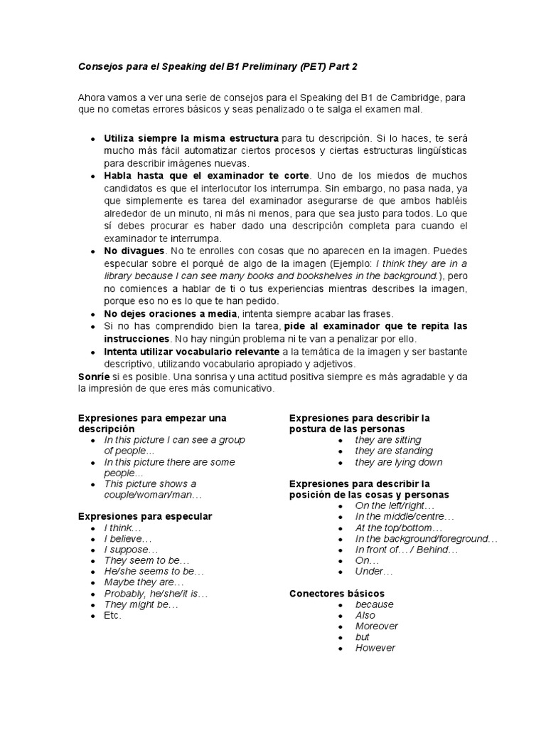 PET Speaking Tips | PDF