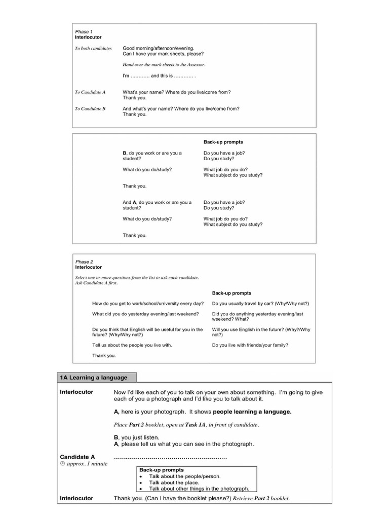 PET Speaking Script | PDF