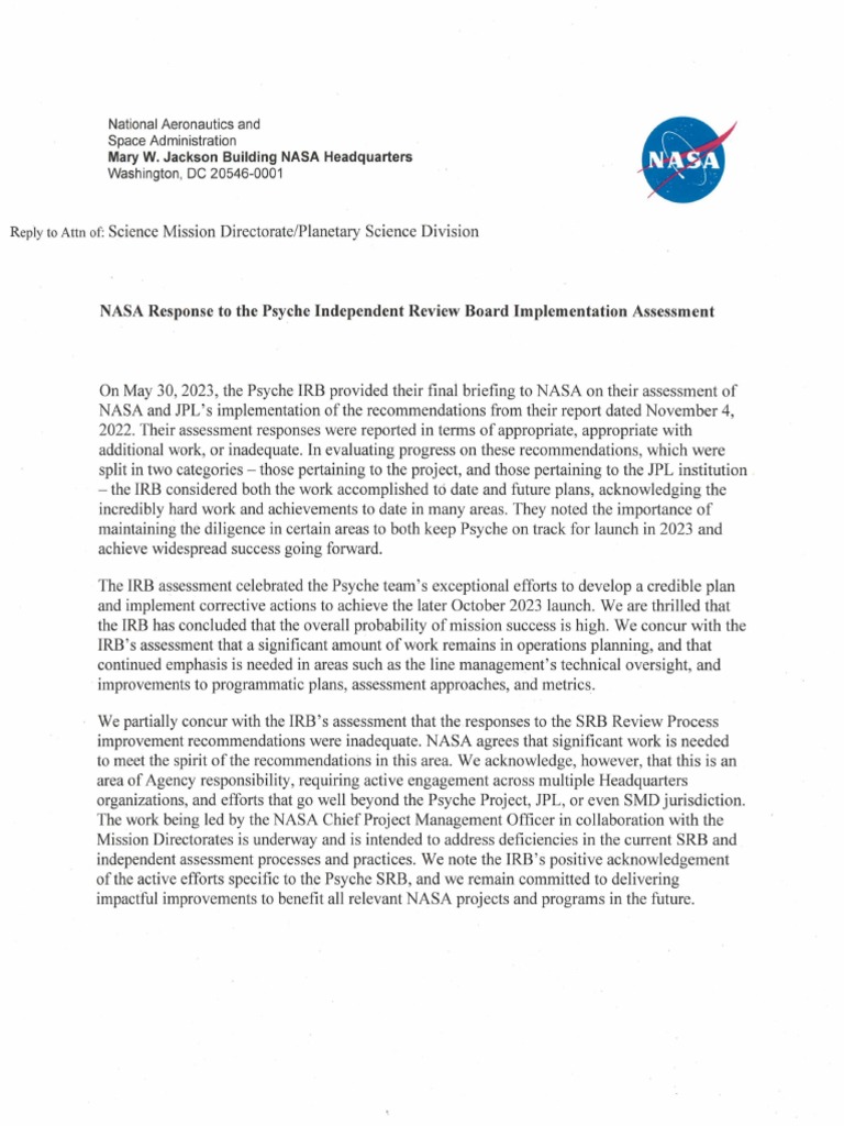 Psyche Irb Assessment Report With Nasa Response May 2023 508 | Download ...