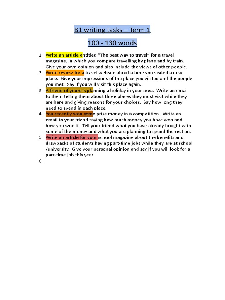 B1 Writing Tasks for Term 1 | PDF