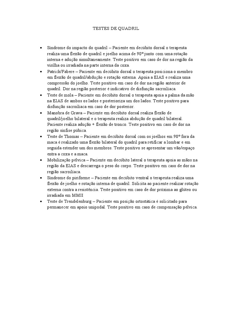 Testes Ortopédicos para Quadril | PDF