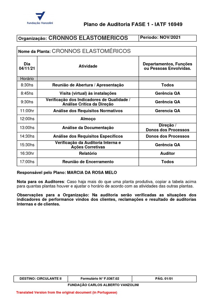 F.0367.02.PE - Plano de Auditoria IATF 16949 - Fase 1 | PDF ...