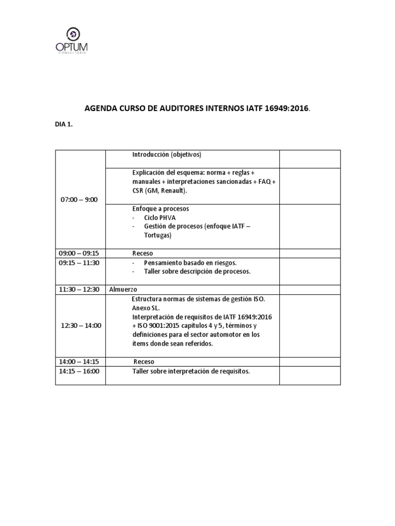 Agenda Curso de Auditores Internos IATF | PDF | Business