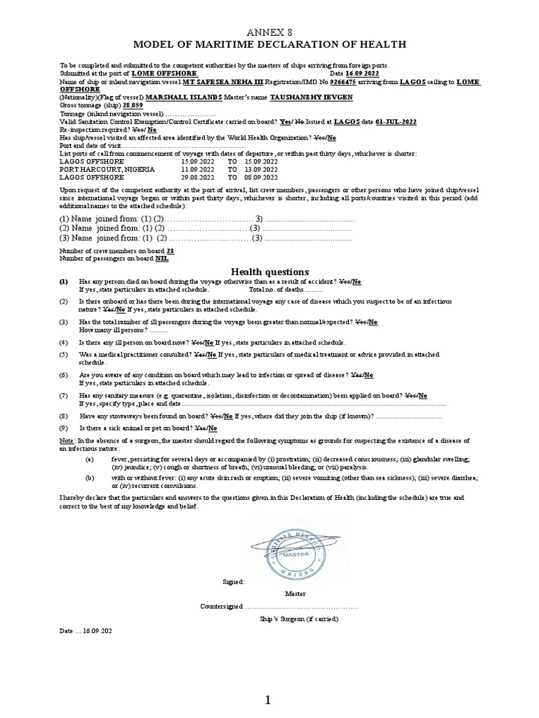 Lome Model Maritime Declaration of Health | PDF | Infection | Port