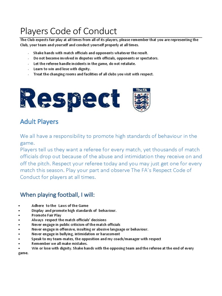 Players Code of Conduct for Fair Play | PDF