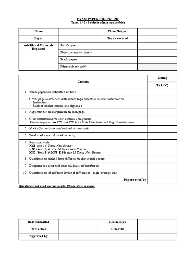 Exam Paper Vetting Checklist | PDF