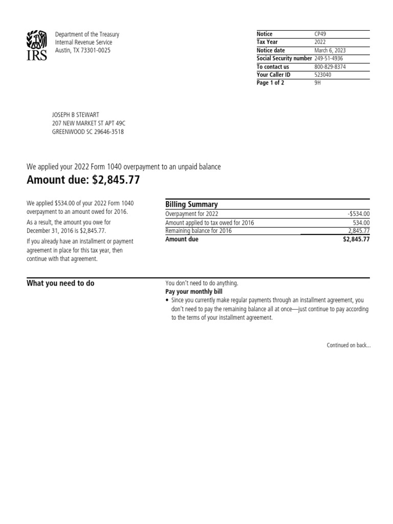 CP 49 | Download Free PDF | Internal Revenue Service | Payments