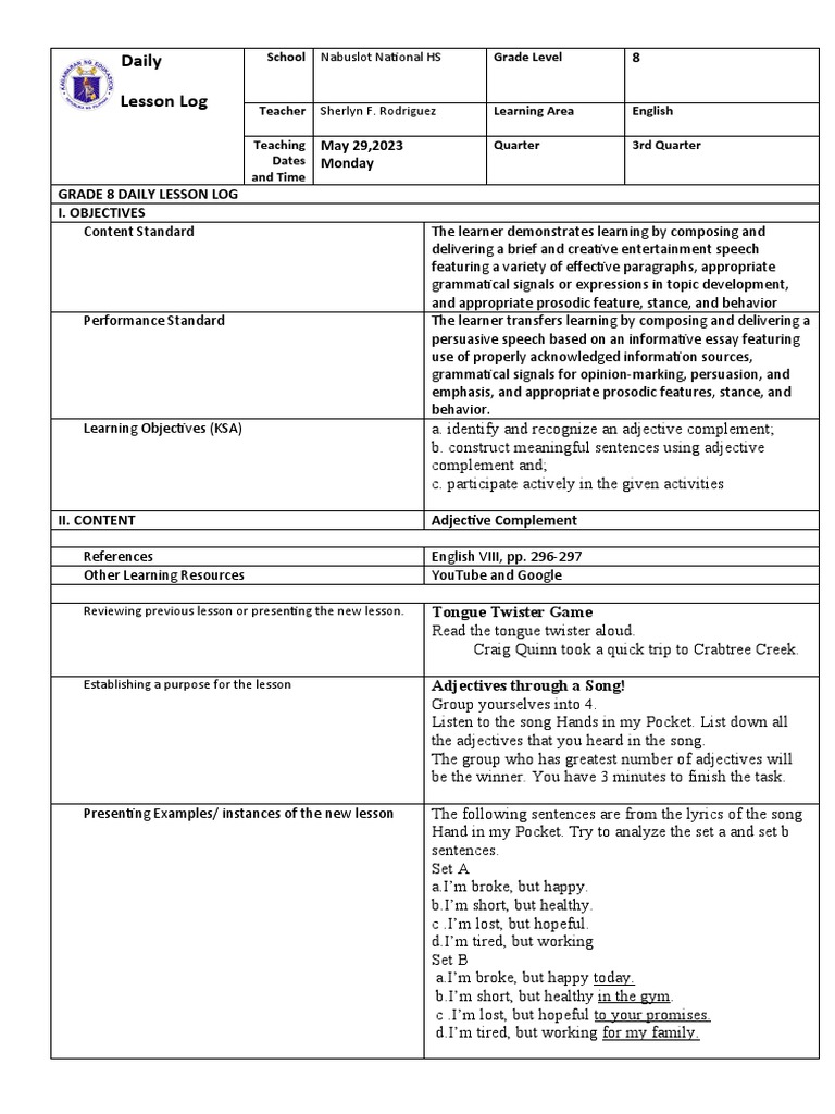 Adjective Complement Lesson Plan 22 Pdf Learning English Language