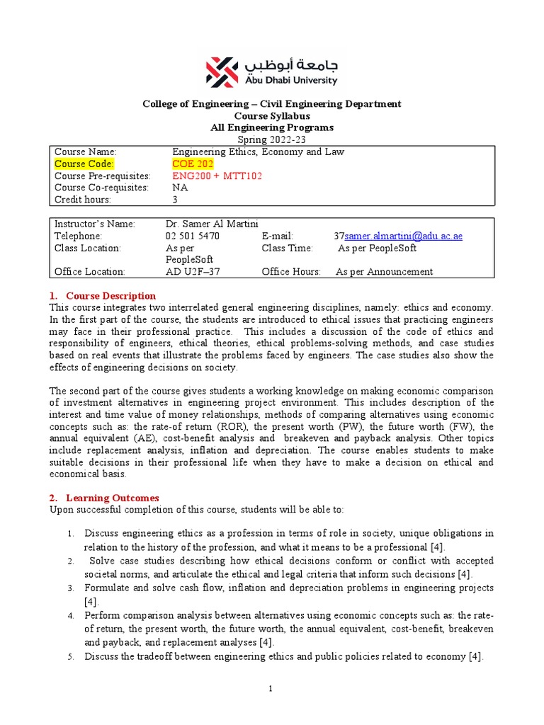DR Samer Al Martini - COE202 Engineering Ethics and Economy and Law - Sub | PDF | Engineering ...