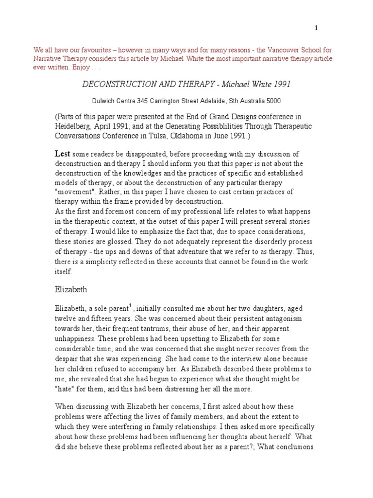 DECONSTRUCTION AND THERAPY Michael White 1991 | PDF | Narrative | Experience