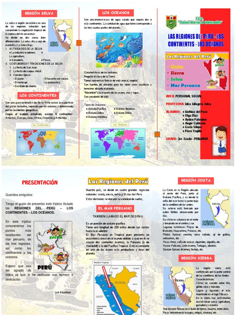 Triptico LAS TRES REGIONES DEL PERU - LOS CONTINENTES - LOS OCEANOS | PDF