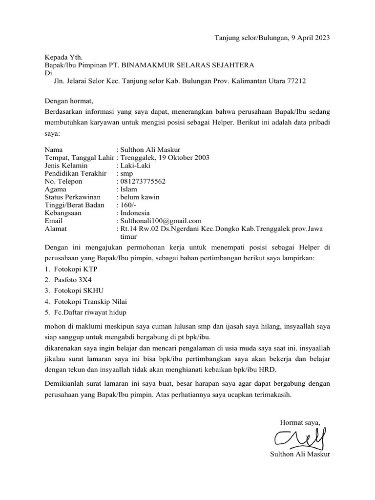 Surat Lamaran Kerja Pt. Bss | PDF