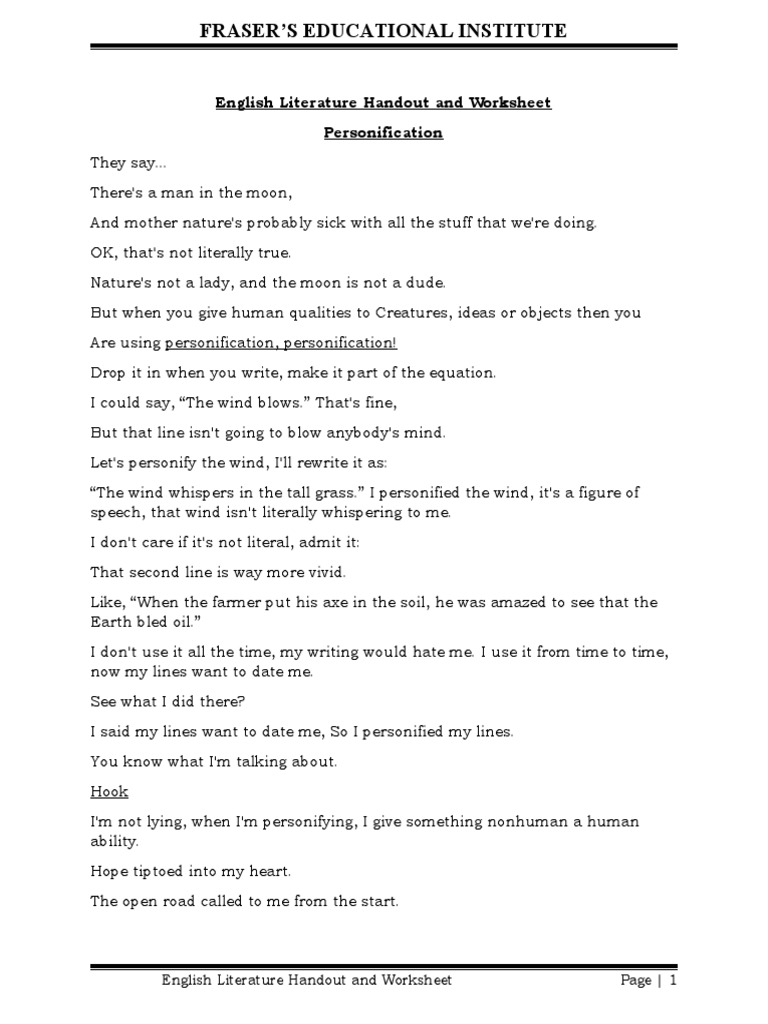 Personification Handout and Worksheet For Form 3 | PDF ...