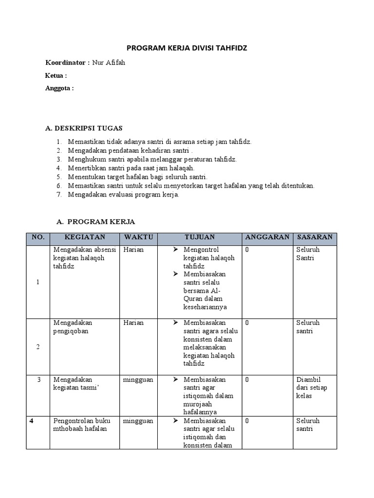 Program Kerja Divisi Tahfidz | PDF