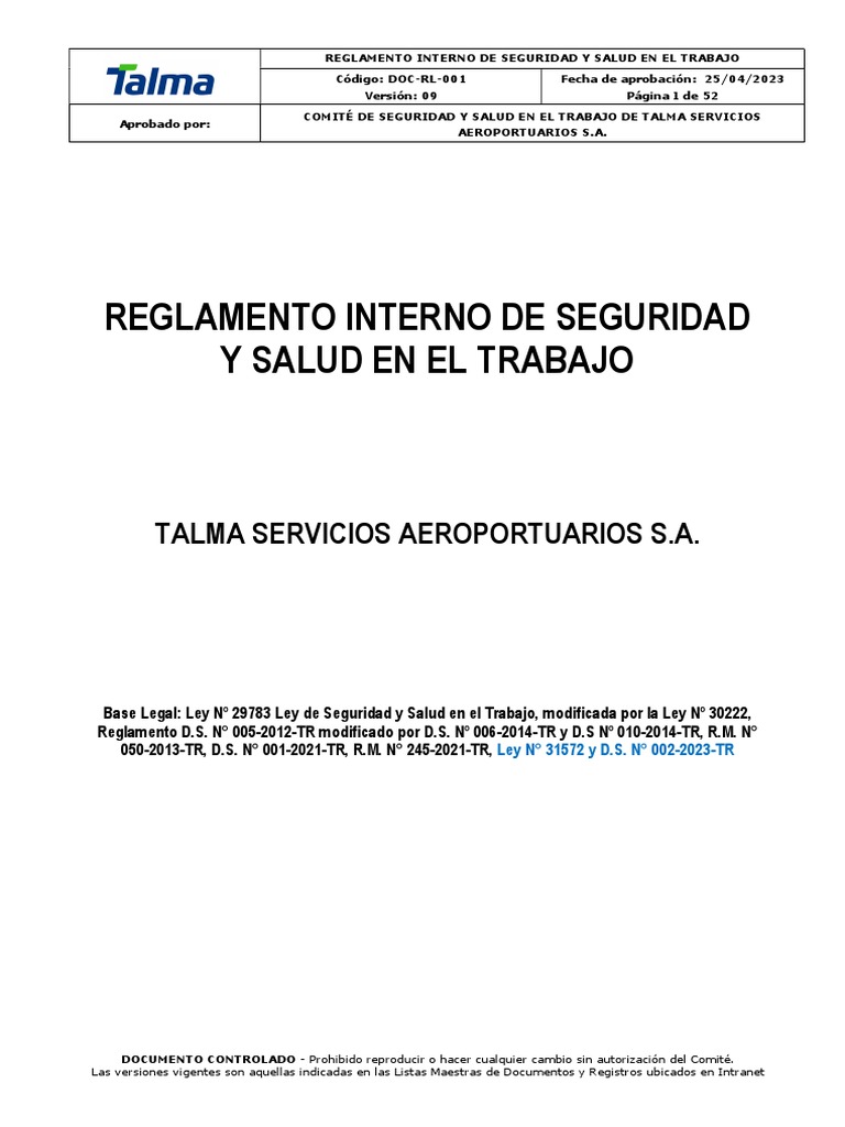 Reglamento Interno de Seguridad y Salud en El Trabajo | PDF | Seguridad y salud ocupacional ...