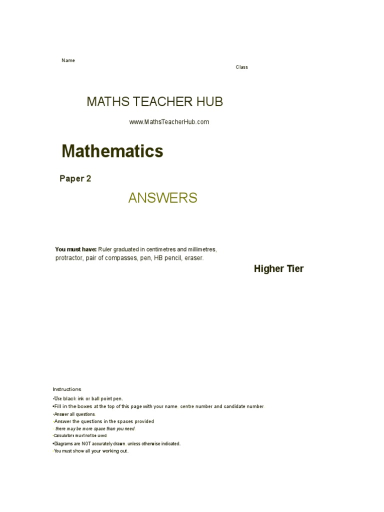 Maths Teacher Hub Paper 2 Answers | PDF | Density | Area
