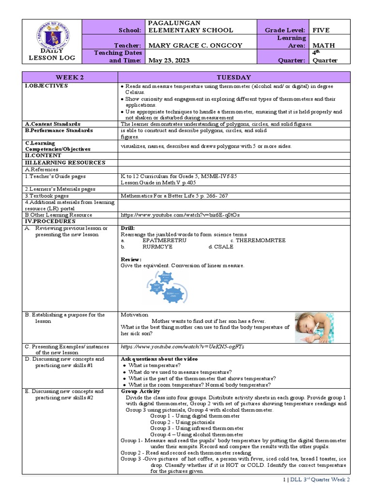 COT Math 4th Quarter Week 5 Reading Temperature | PDF | Thermometer | Learning