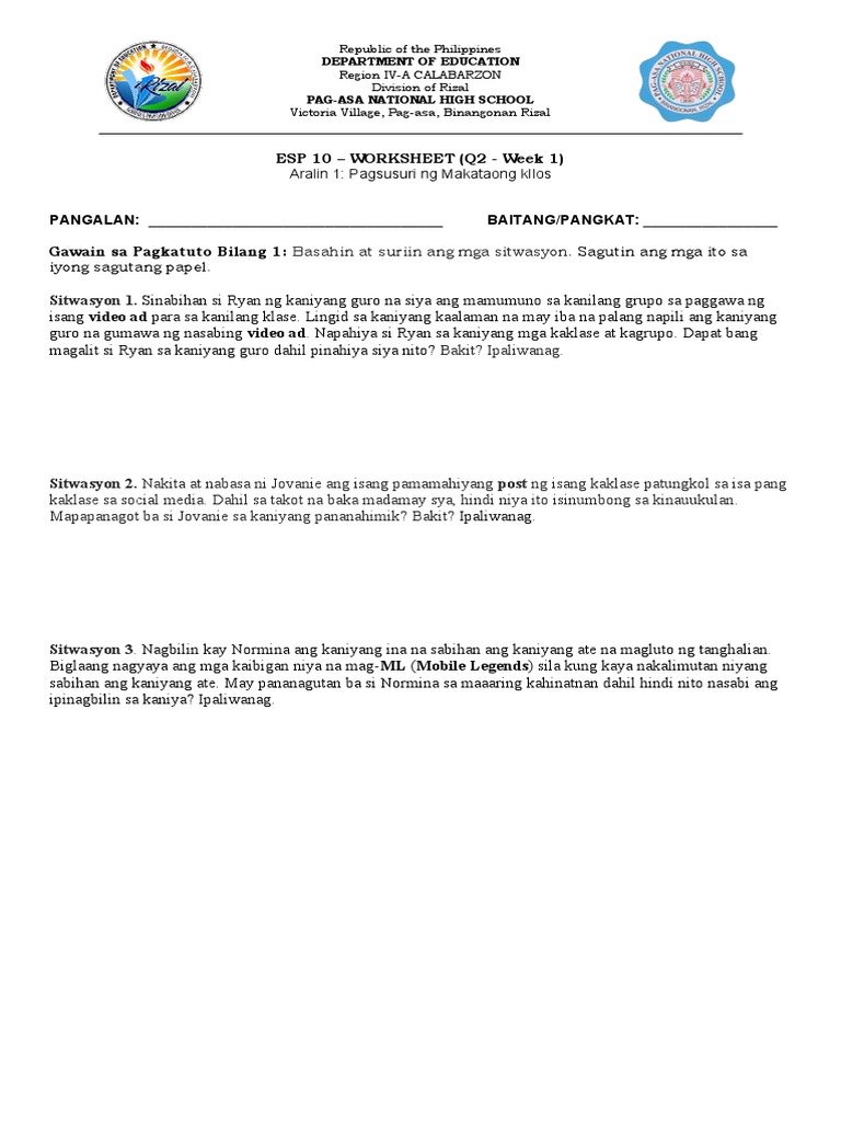 ESP 10 Q2 - Gawain Sa Pagkatuto Bilang 1 | PDF