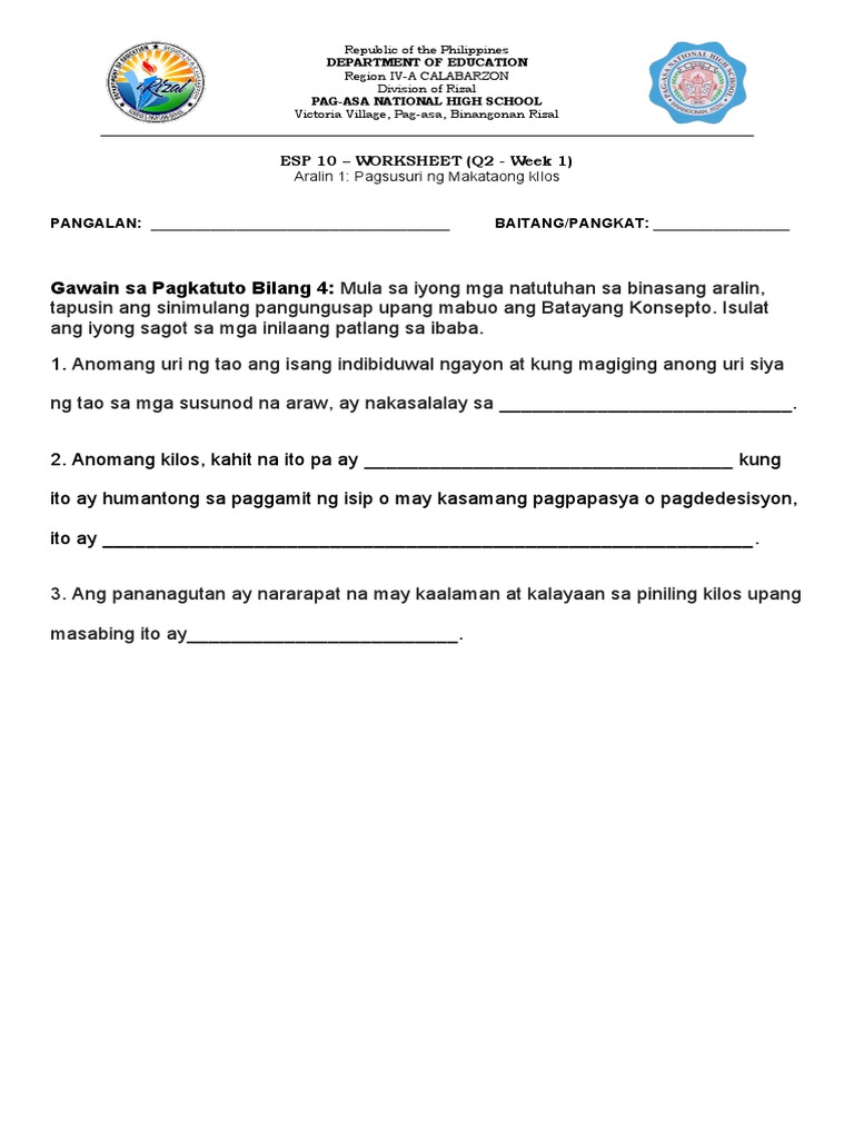 ESP 10 Q2 - Gawain Sa Pagkatuto Bilang 4 | PDF ESP 10 Q2 - Gawain Sa Pagkatuto Bilang 4 | PDF