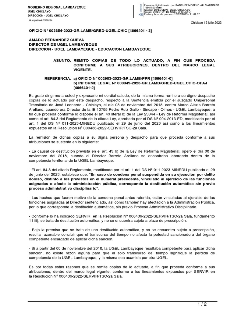 Oficio 003854-2023-GR - LAMB/GRED-UGEL - CHIC | PDF | El proceso de destitución | Estatuto de ...