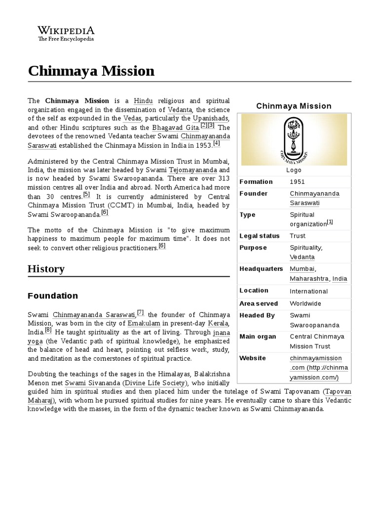Chinmaya Mission-Wikipedia | PDF | Āstika | Indian Religions