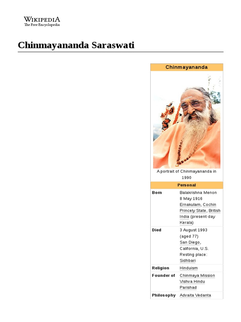 Chinmayananda Saraswati-Wikipedia | PDF | Indian Religions
