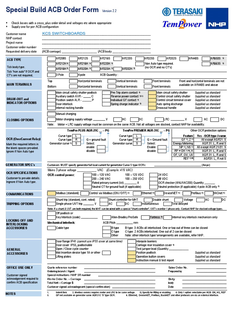 Special Build ACB Order (BLANK) Form | PDF | Alternating Current | Switch