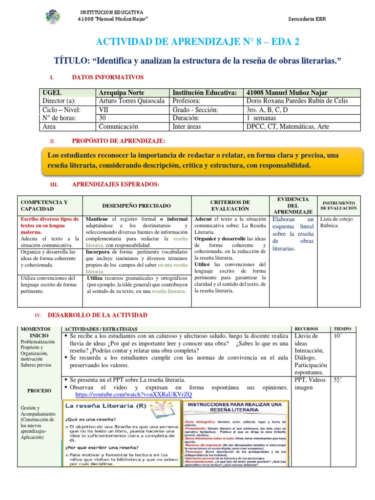 Act 8 Eda 2 - Reseña Literaria | Descargar gratis PDF | Evaluación | Aprendizaje