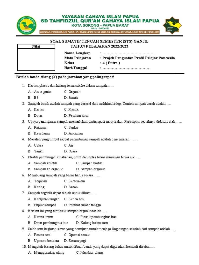 Soal STS P5 Kelas 4 SDTQ Cip Ganjil | PDF