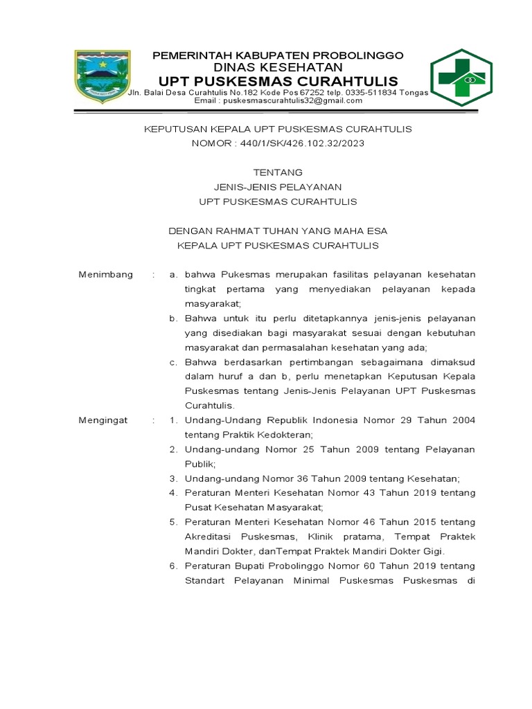 SK Jenis-Jenis Pelayanan PKM Curahtulis 2023 | PDF