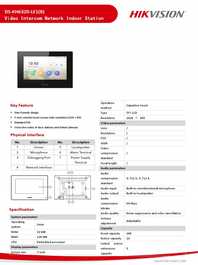 DS KH6320 LE1B Video Intercom Network Indoor Station V1.0 Datasheet 20220824 | PDF | Computer ...