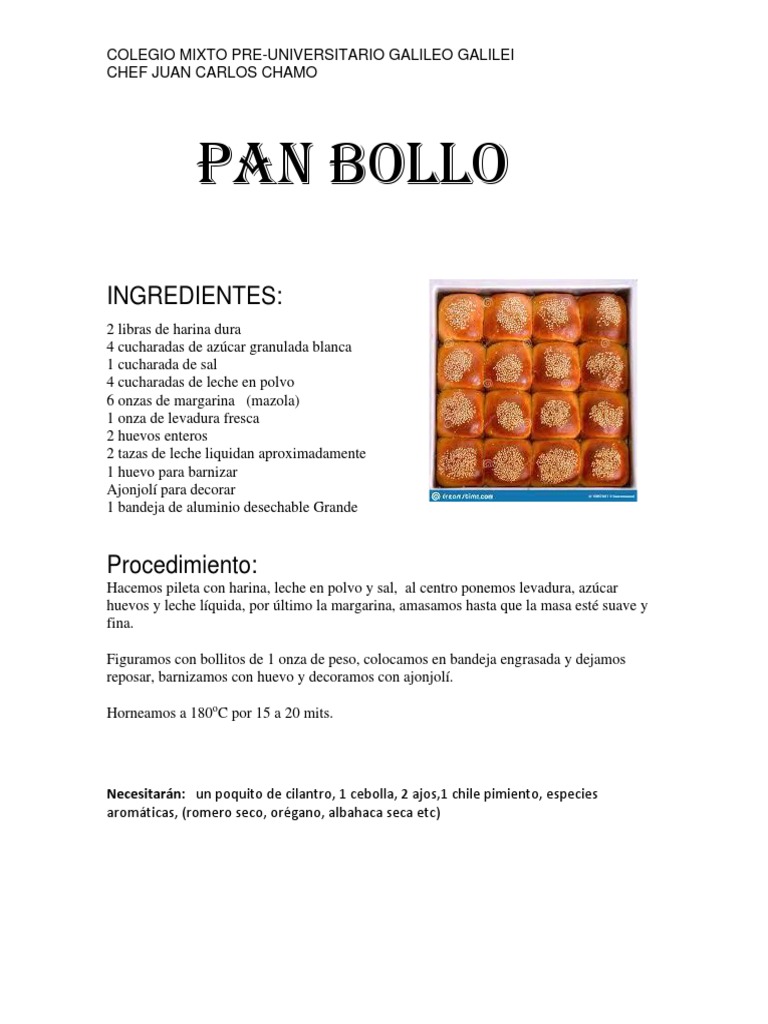 Receta de Pan Bollo por Chef Chamo | PDF | Cocina, comidas y vino ...