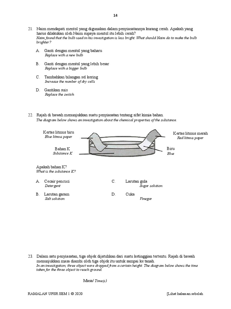 Soalan Ramalan UPSR Sem 1 2020 - Sains K1 (DLP) Part B | PDF
