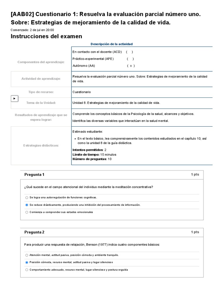 Examen - (AAB02) Cuestionario 1 - Resuelva La Evaluación Parcial Número Uno. Sobre - Estrategias ...