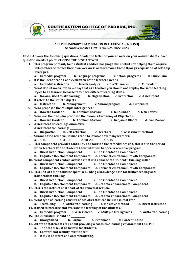 1ST Preliminary Examination in Elective 1 | PDF | Career & Growth