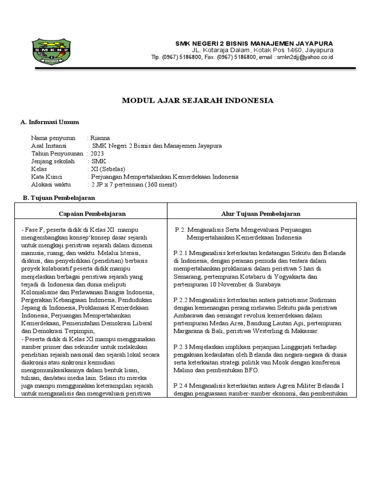 Modul Ajar Sejarah Indonesia 2 - 100951 | PDF