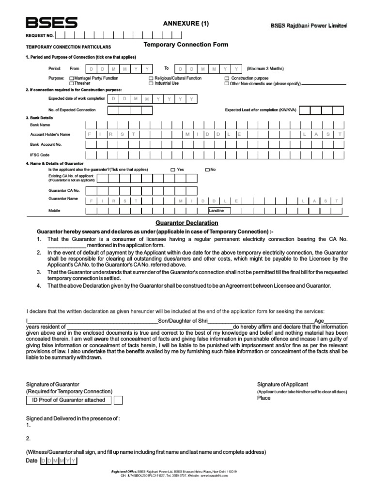 BSES Annexure 1 Form Instructions | PDF