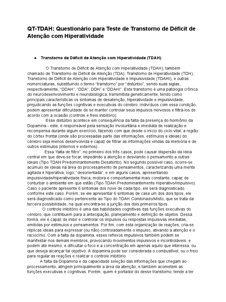 QT-TDAH - Questionário para Teste de Transtorno de Déficit de Atenção ...