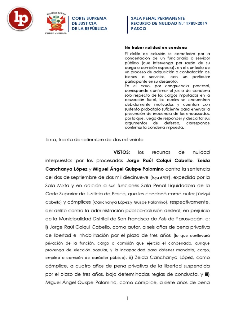 Recurso Nulidad 1783 2019 Pasco | PDF | Procedimiento Criminal | Fiscal