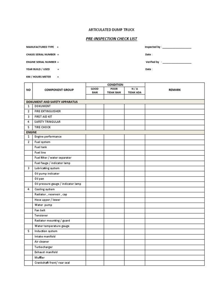 ARTICULATED DUMP TRUCK Pre Inspection | PDF | Truck | Engines