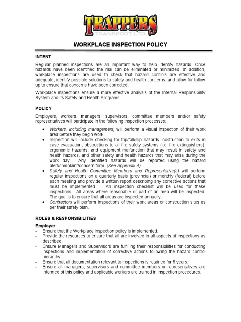 Workplace Inspection Policy Overview | PDF | Occupational Safety And ...