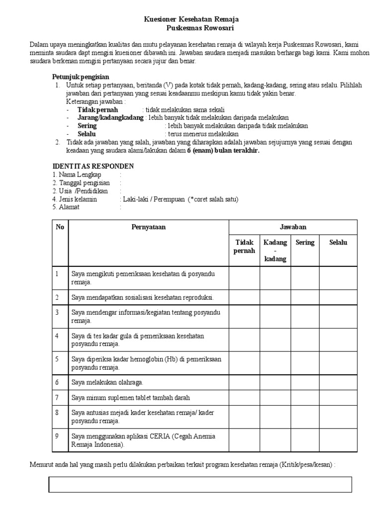 Kuesioner Kesehatan Remaja 2023 | PDF