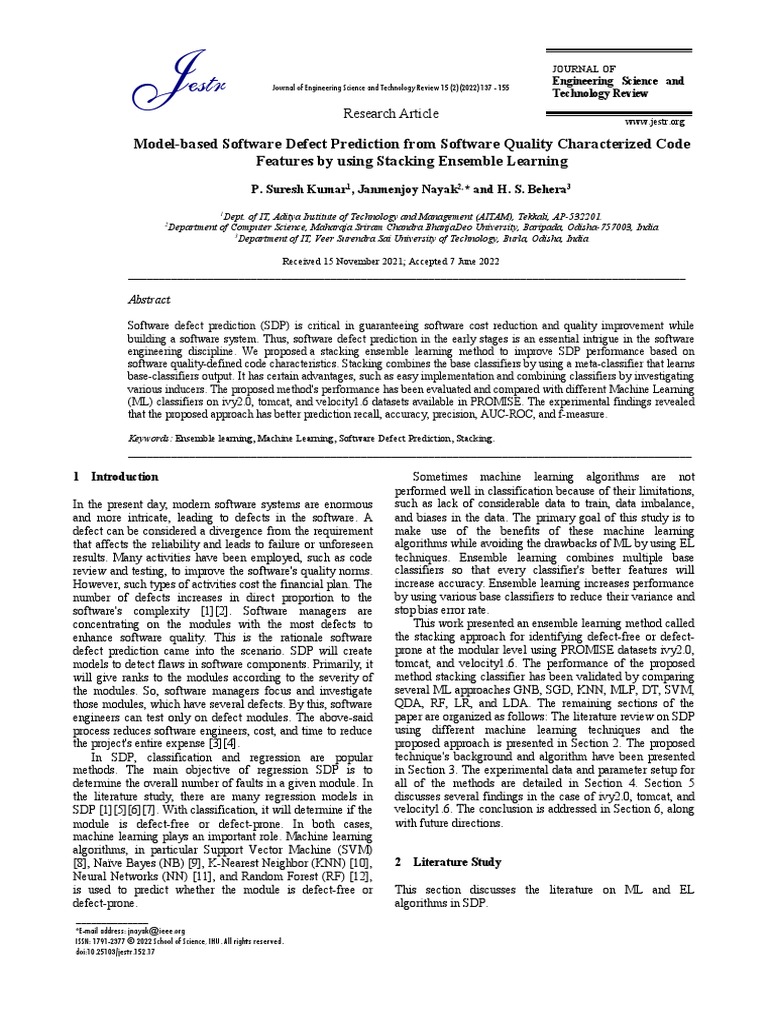 Model Based Software Defect Prediction From Softwa Pdf Machine