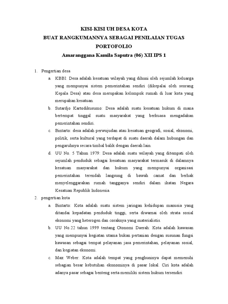Kisi-Kisi Desa Dan Kota - Amaranggana Kamila S - Xii Ips 1 | PDF