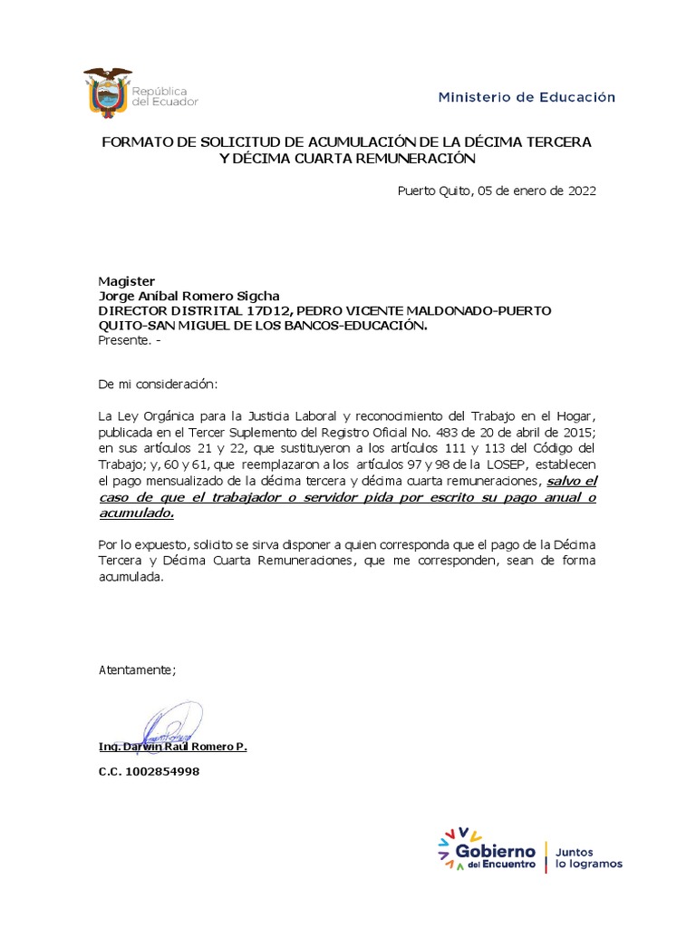 Formato de Solicitud de Acumulación de La Décima Tercera y Décima ...