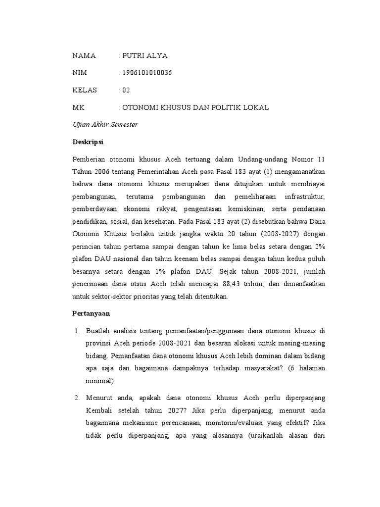 Putri Alya - 1906101010036 - Uas Otonomi Khusus Dan Politik Lokal | PDF