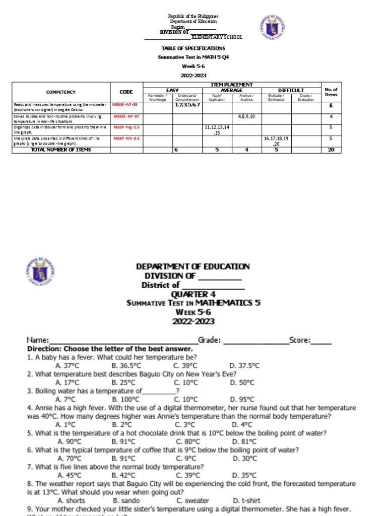 ST3 - Math 5 - Q4 | PDF | Temperature | Thermometer