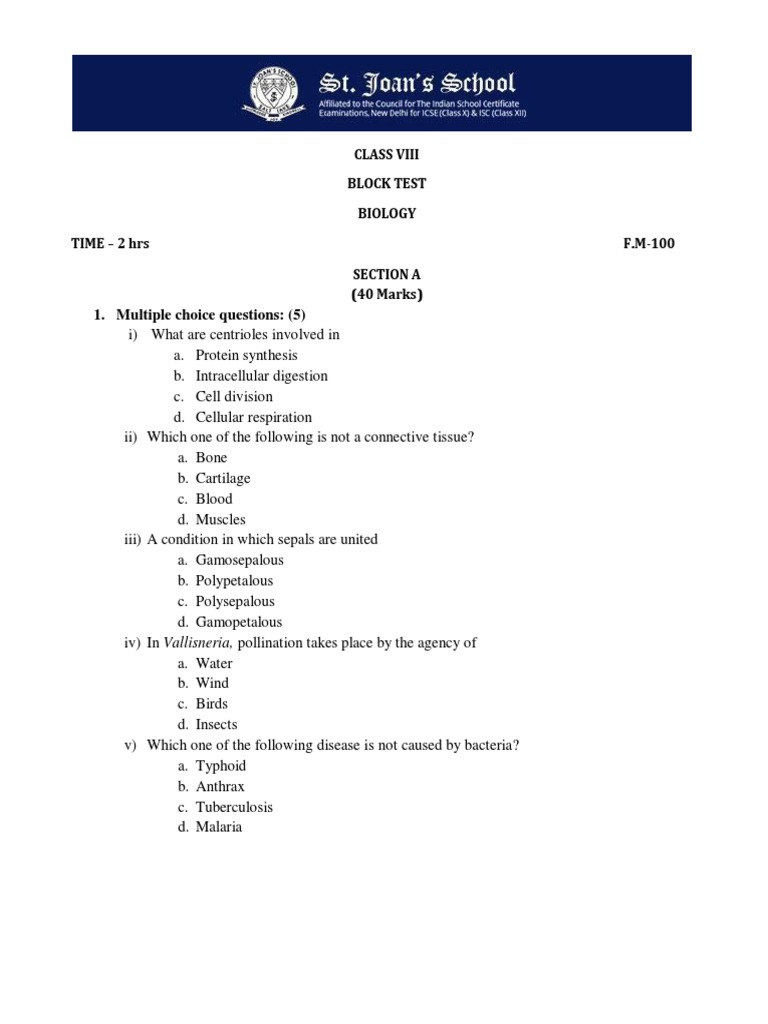 Class 8 Block Test Qs Paper | PDF | Tissue (Biology) | Flowers